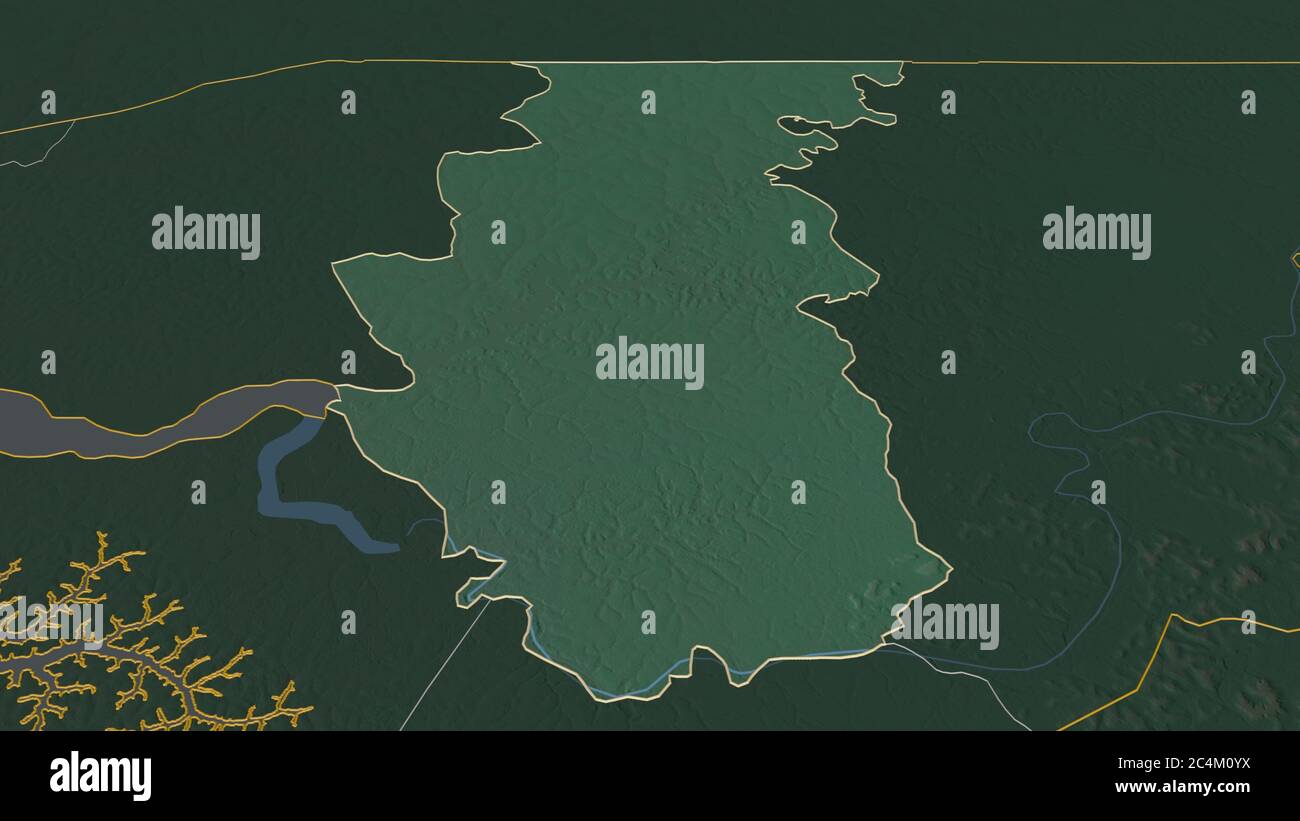 Zoom in on Bafatá (region of Guinea-Bissau) outlined. Oblique ...
