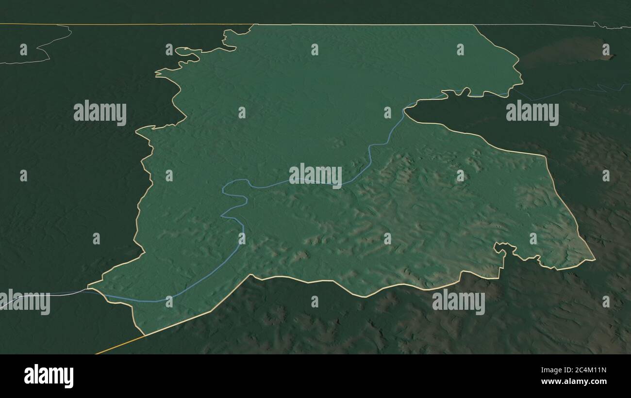Zoom in on Gabú (region of Guinea-Bissau) outlined. Oblique perspective ...