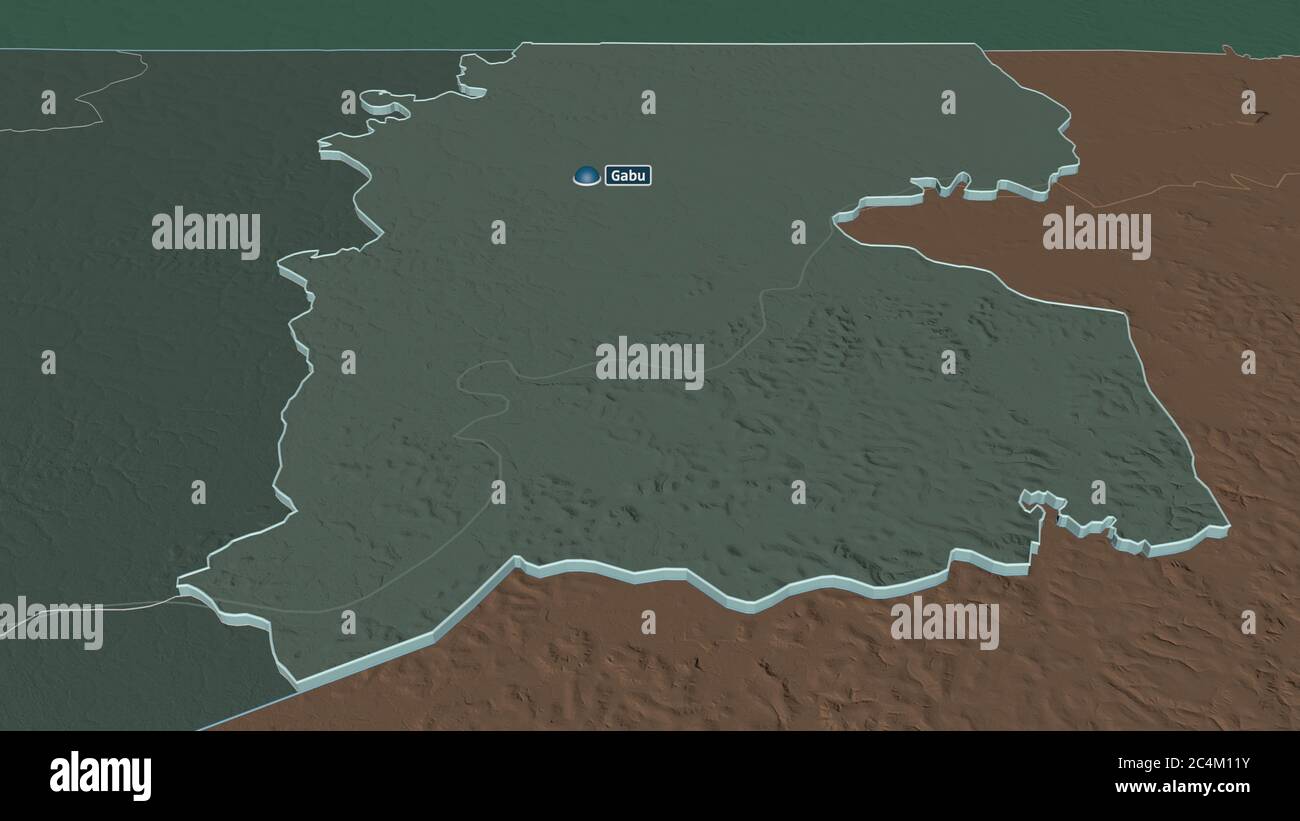 Zoom in on Gabú (region of Guinea-Bissau) extruded. Oblique perspective ...