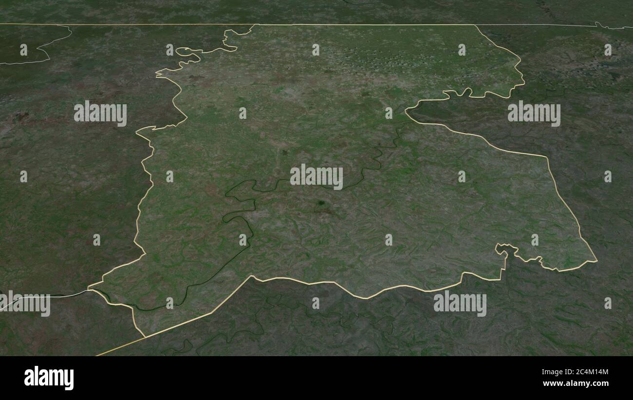 Zoom in on Gabú (region of Guinea-Bissau) outlined. Oblique perspective ...