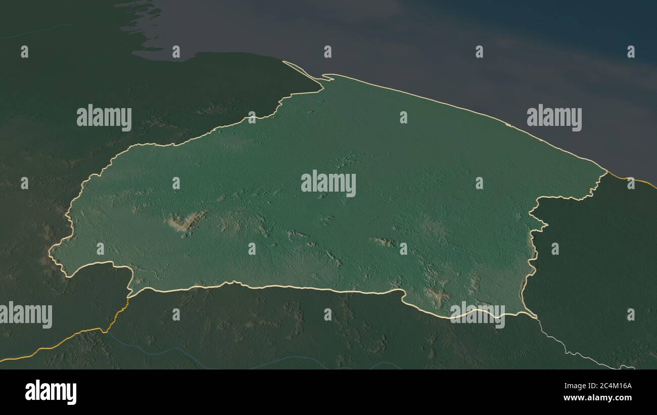 Zoom in on Barima-Waini (region of Guyana) outlined. Oblique ...