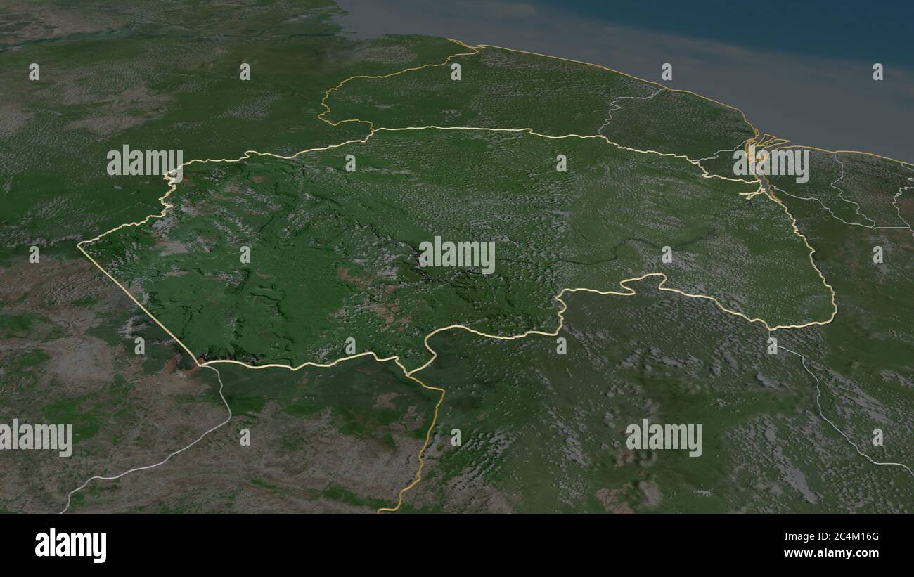 Zoom in on Cuyuni-Mazaruni (region of Guyana) outlined. Oblique ...