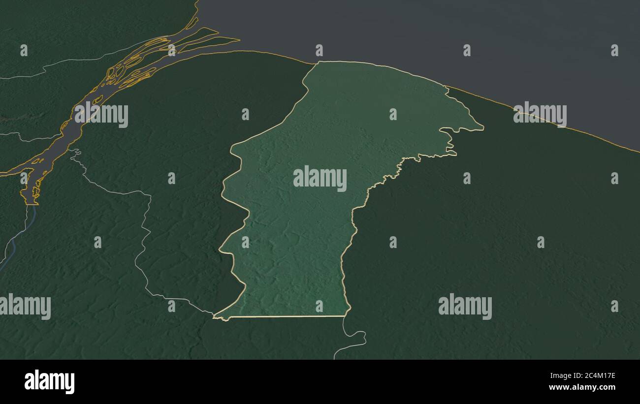 Zoom in on Demerara-Mahaica (region of Guyana) outlined. Oblique ...