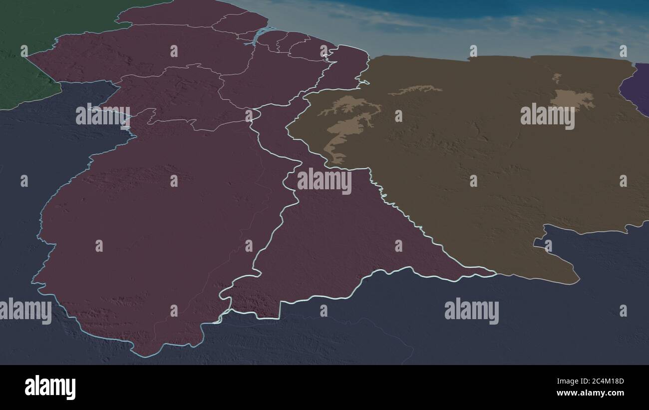 Zoom in on East Berbice-Corentyne (region of Guyana) outlined. Oblique ...