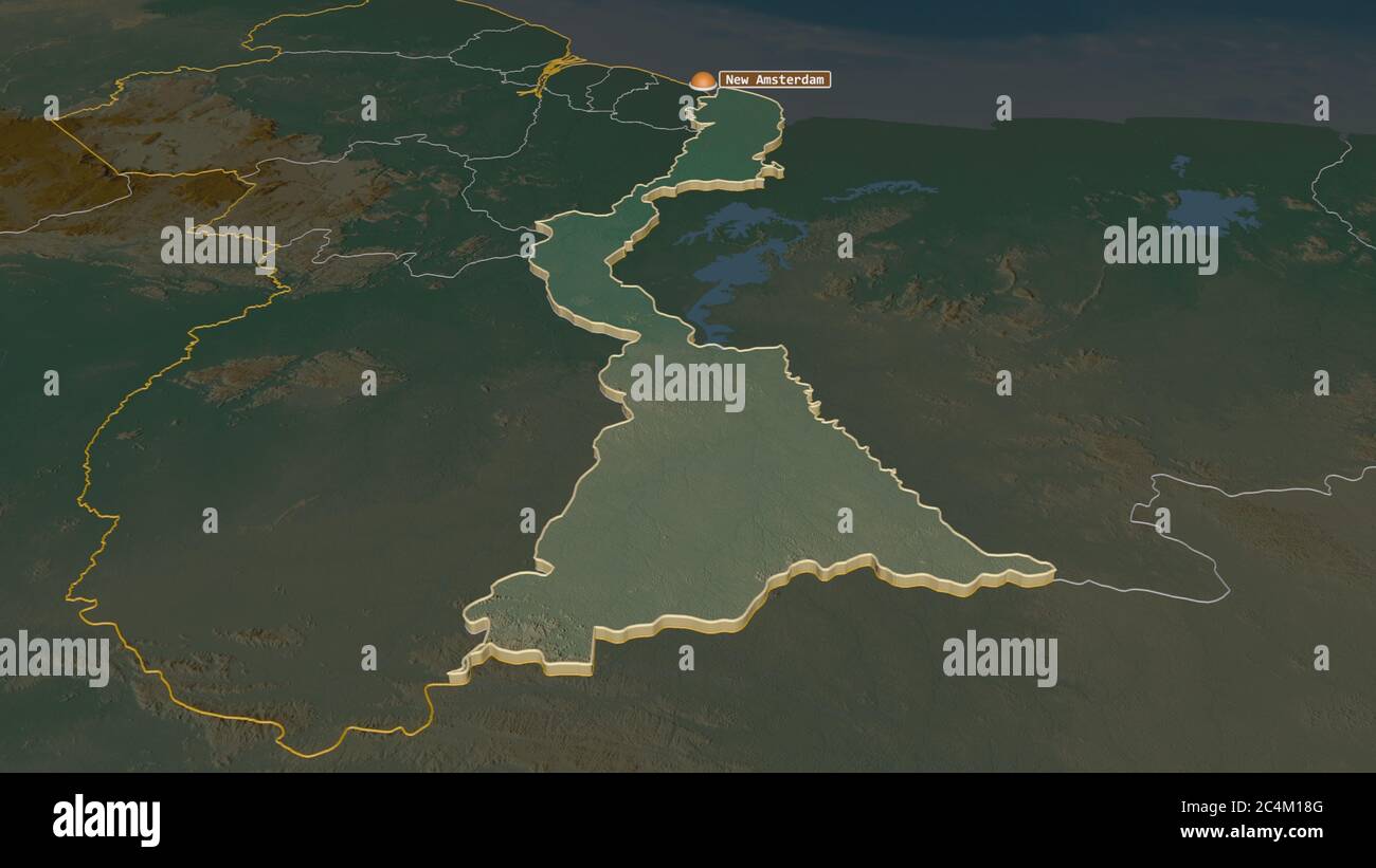 Zoom in on East Berbice-Corentyne (region of Guyana) extruded. Oblique ...