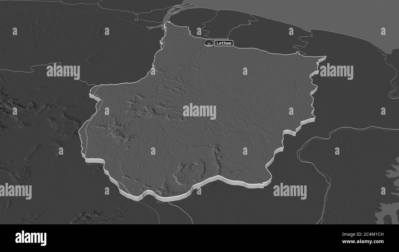 Zoom in on Upper Demerara-Berbice (region of Guyana) extruded. Oblique ...