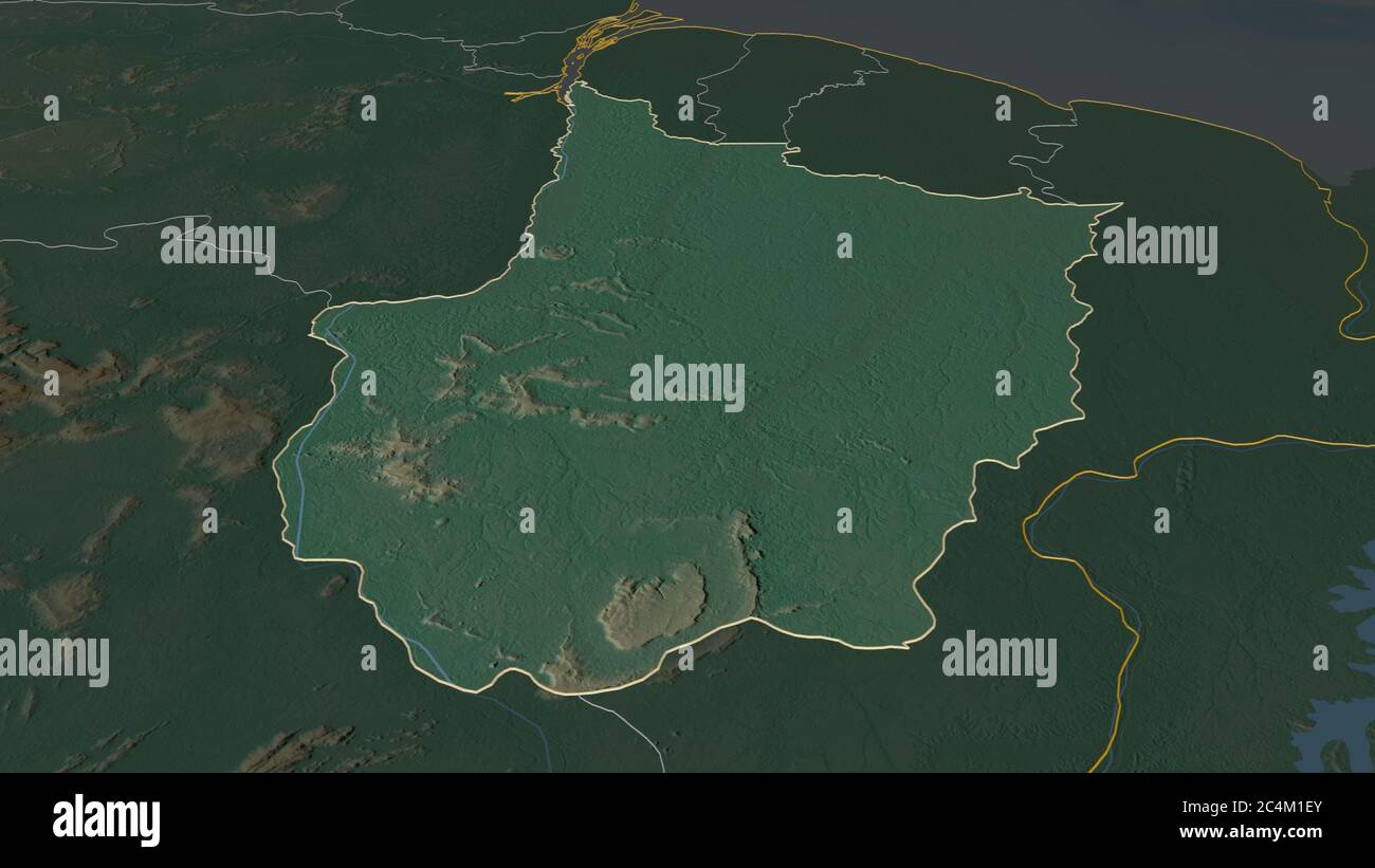 Zoom in on Upper Demerara-Berbice (region of Guyana) outlined. Oblique ...