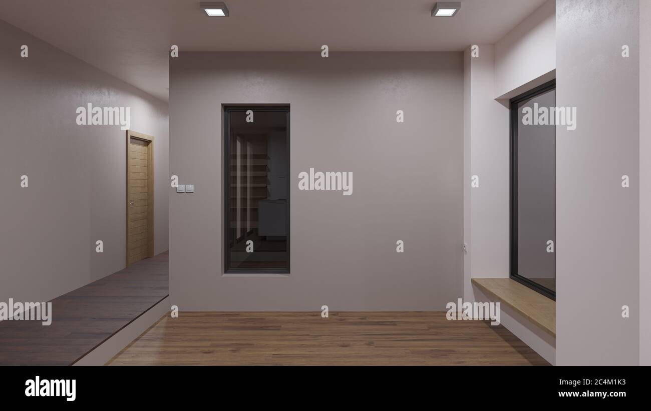 Illuminated Open Plan Kitchen at Nighttime Without Furniture Stock ...