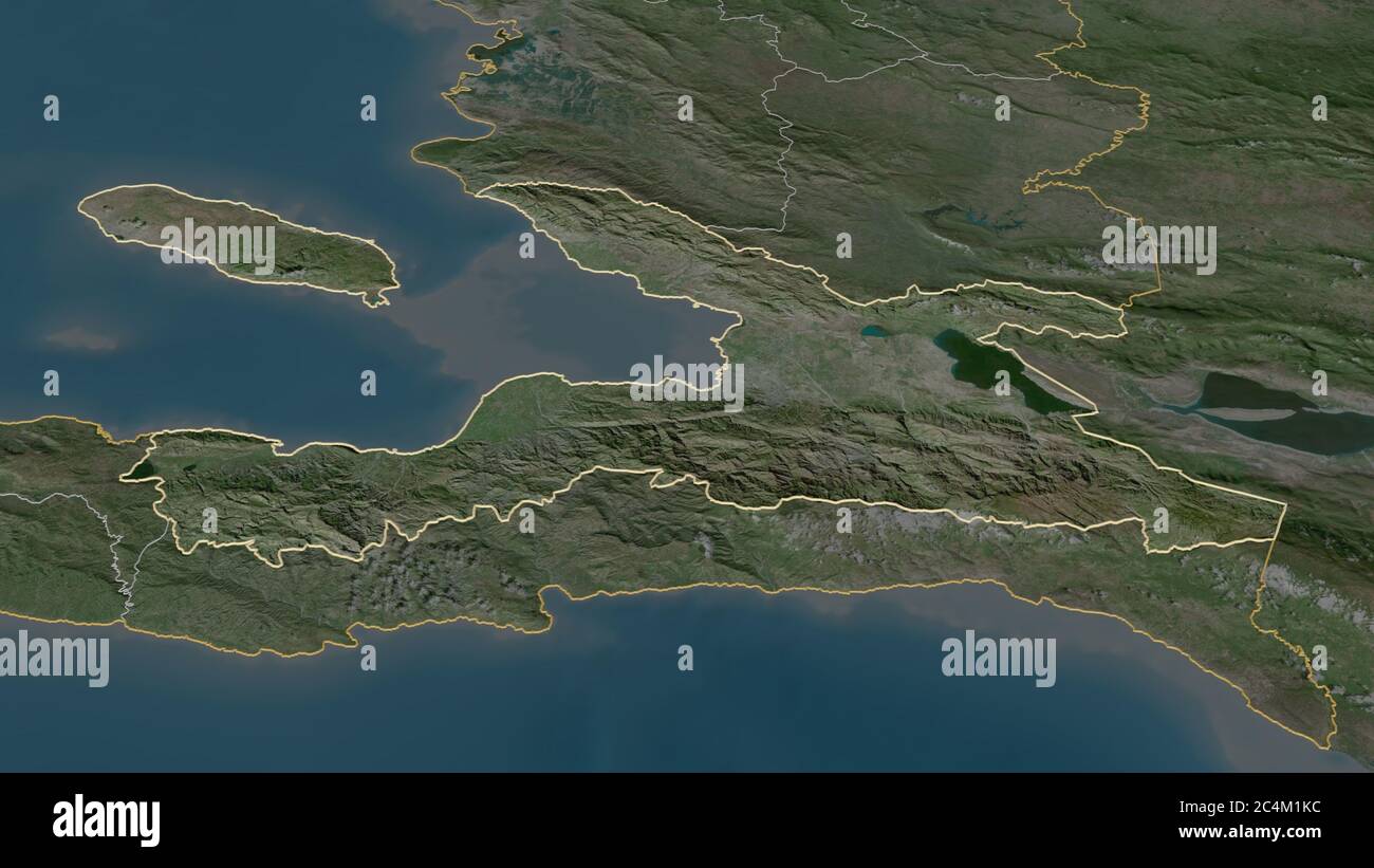 Zoom in on Ouest (department of Haiti) outlined. Oblique perspective ...