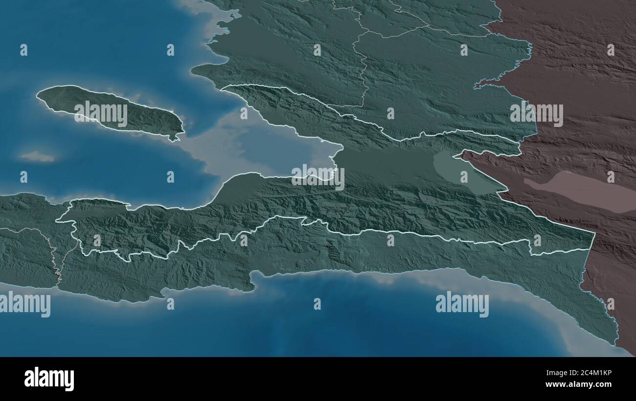 Zoom in on Ouest (department of Haiti) outlined. Oblique perspective ...