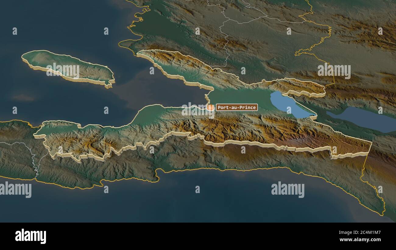 Zoom in on Ouest (department of Haiti) extruded. Oblique perspective ...