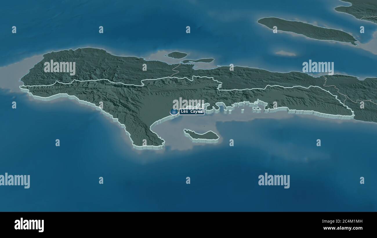 Zoom in on Sud (department of Haiti) extruded. Oblique perspective ...