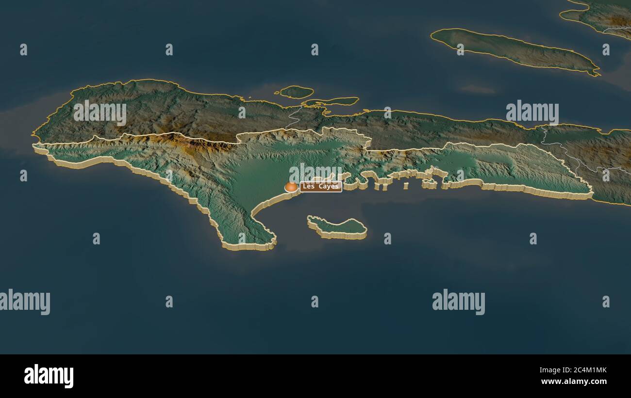 Zoom in on Sud (department of Haiti) extruded. Oblique perspective ...