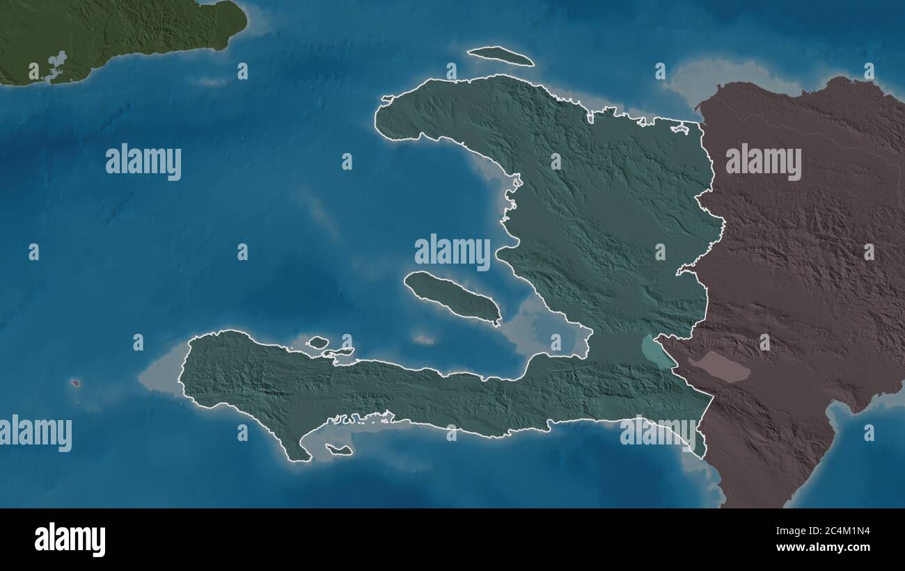 Outlined shape of the Haiti area. Colored and bumped map of the ...