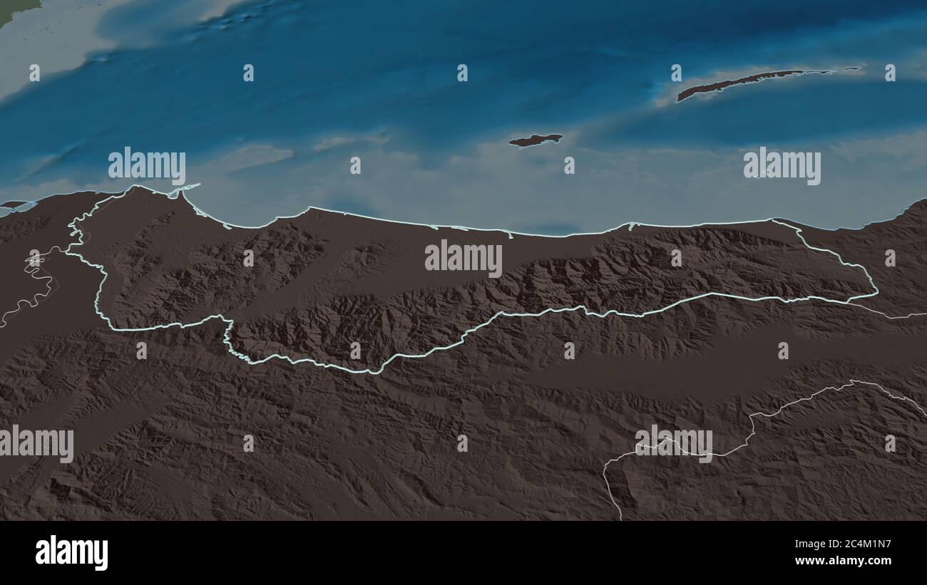 Zoom in on Atlántida (department of Honduras) outlined. Oblique ...