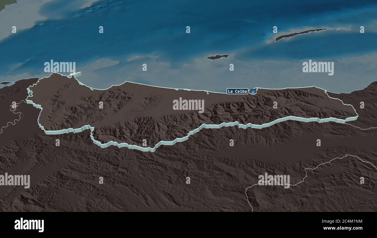 Zoom in on Atlántida (department of Honduras) extruded. Oblique ...