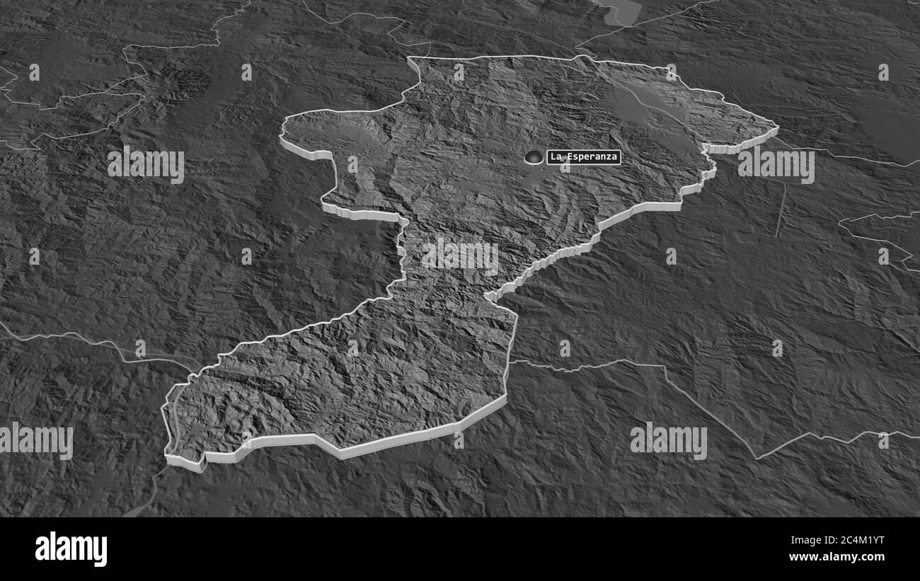 Zoom in on Intibucá (department of Honduras) extruded. Oblique ...