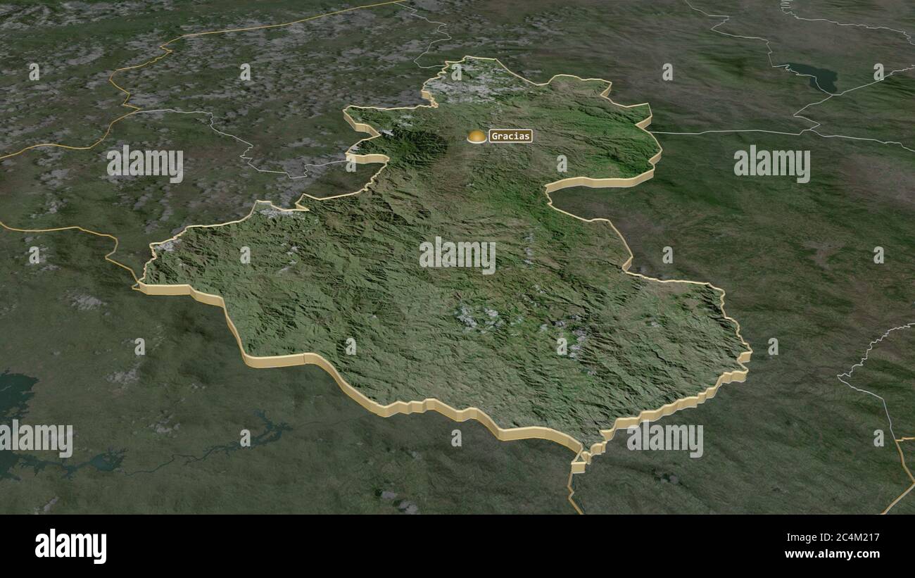 Zoom in on Lempira (department of Honduras) extruded. Oblique ...