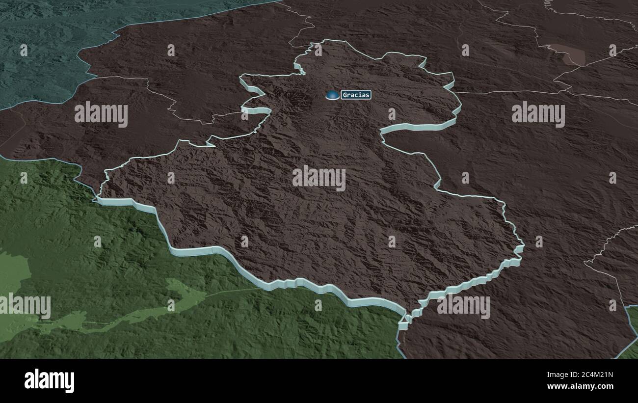 Zoom in on Lempira (department of Honduras) extruded. Oblique ...