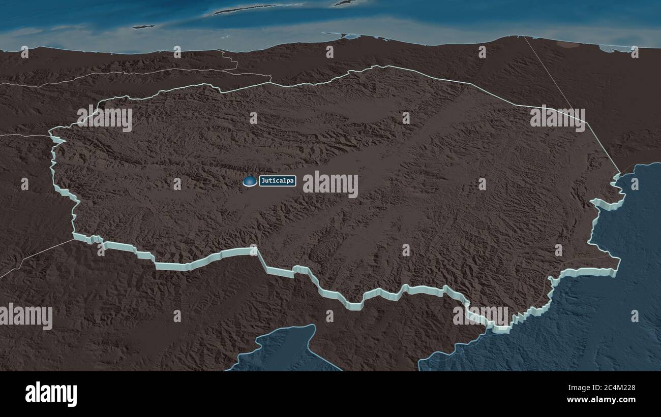 Zoom in on Olancho (department of Honduras) extruded. Oblique ...