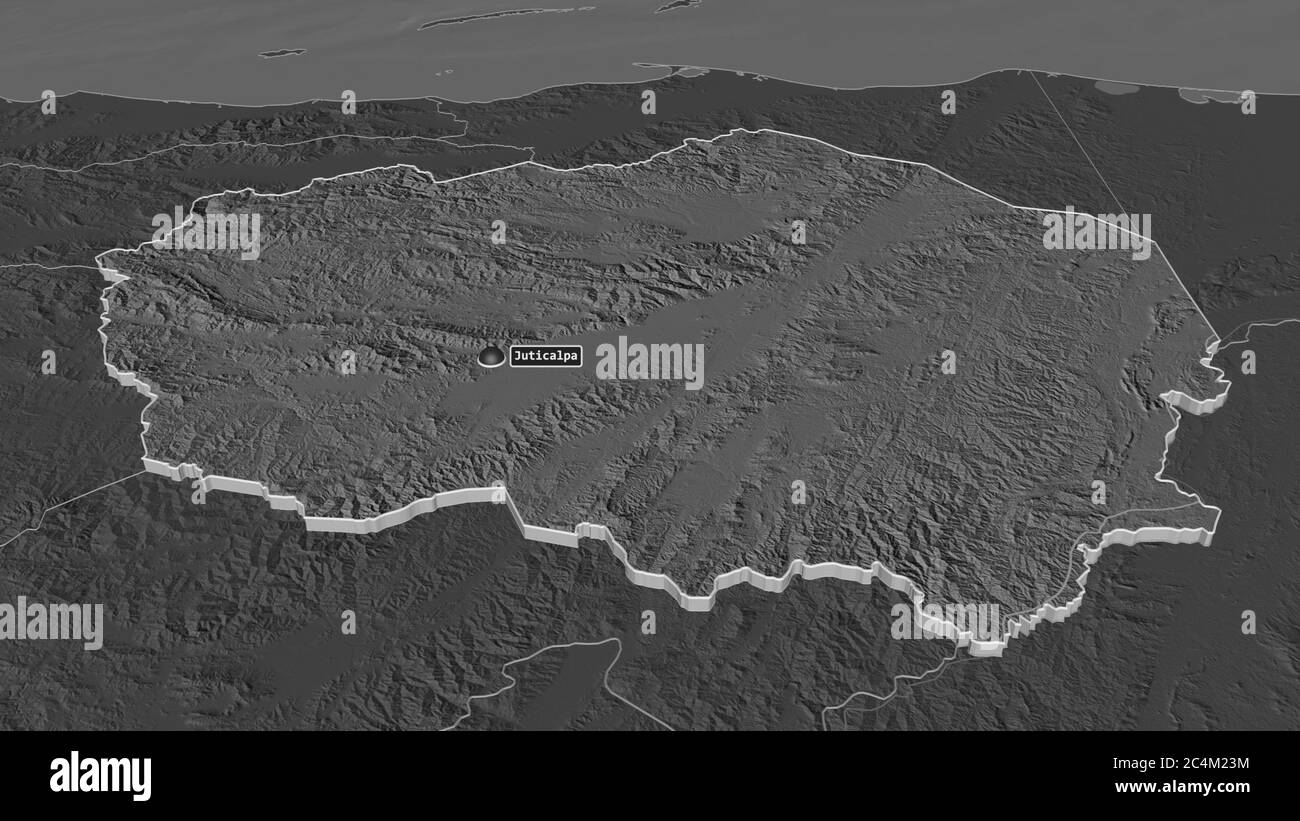 Zoom in on Olancho (department of Honduras) extruded. Oblique ...