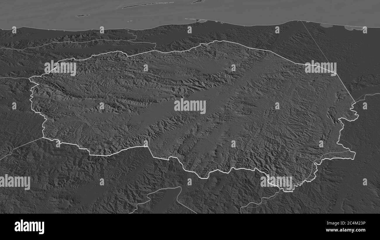 Zoom in on Olancho (department of Honduras) outlined. Oblique ...