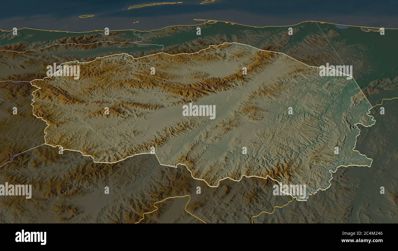 Zoom in on Olancho (department of Honduras) outlined. Oblique ...