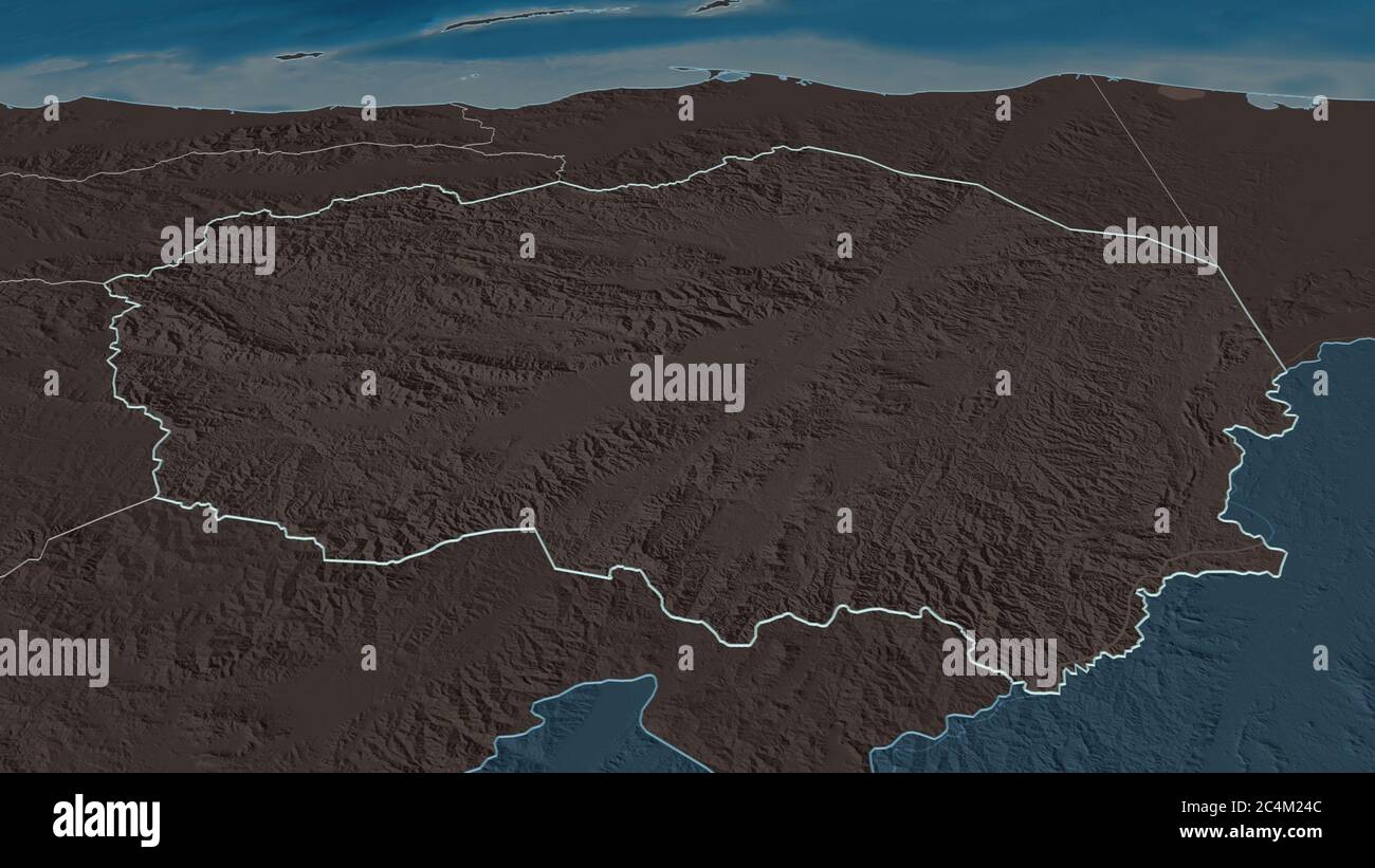 Zoom in on Olancho (department of Honduras) outlined. Oblique ...