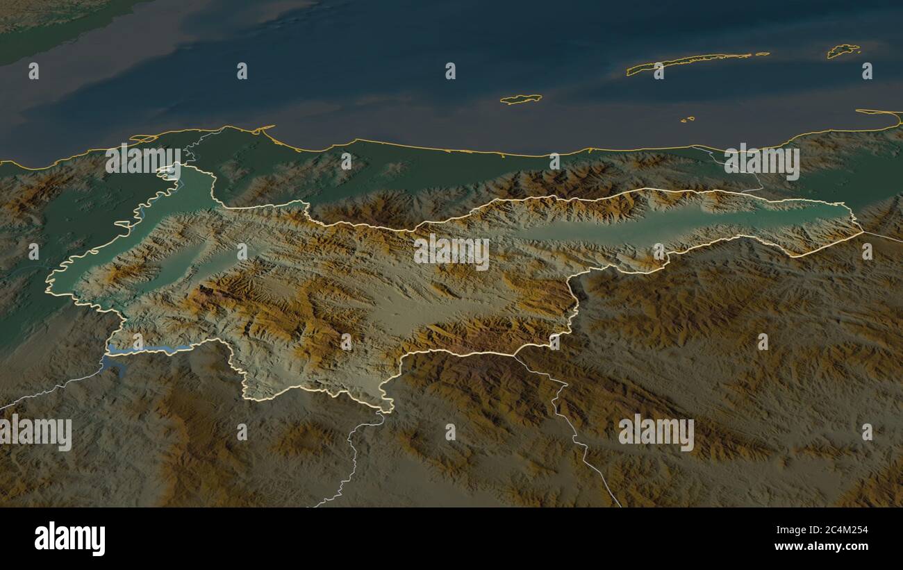Zoom in on Yoro (department of Honduras) outlined. Oblique perspective ...