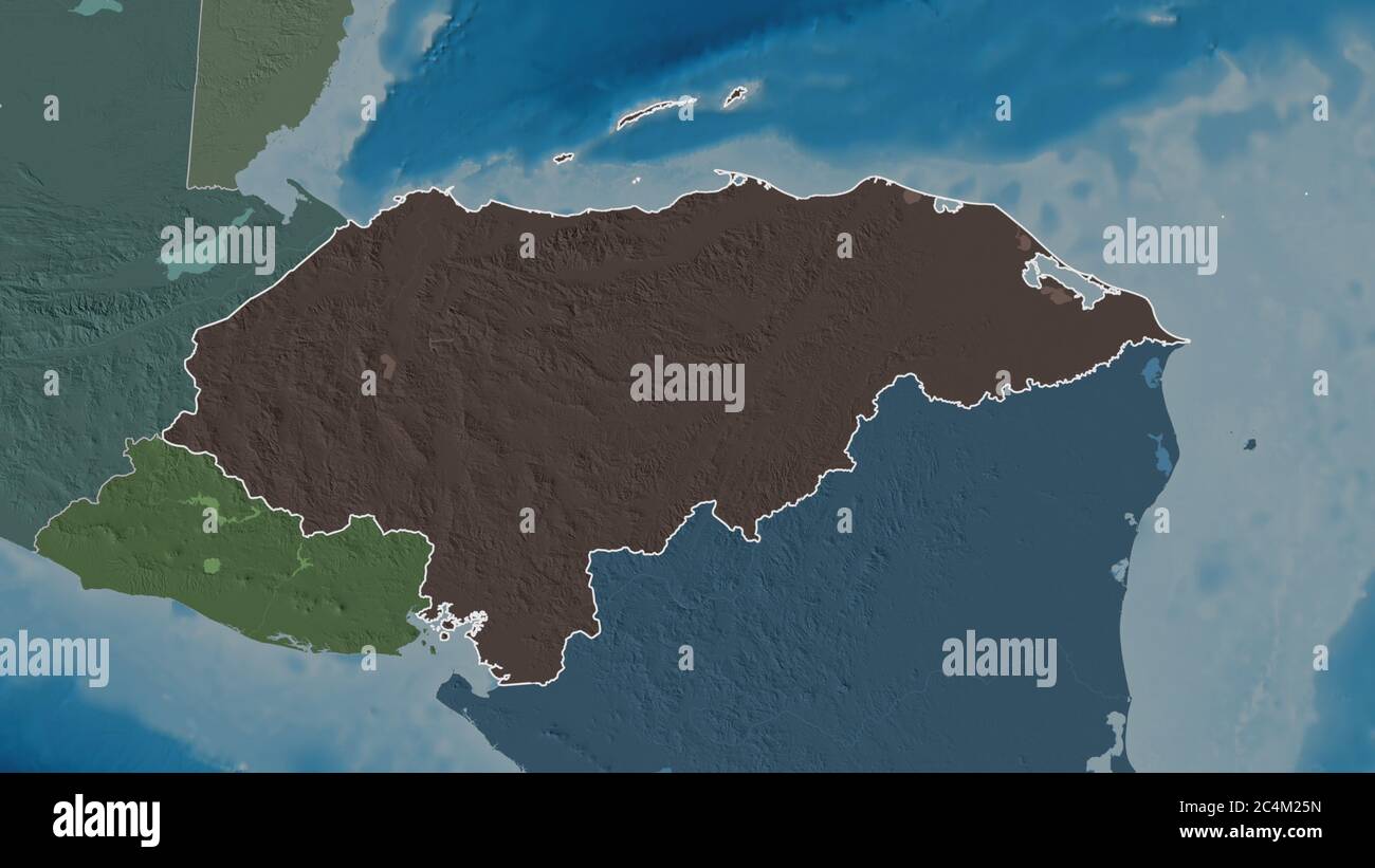 Outlined shape of the Honduras area. Colored and bumped map of the ...