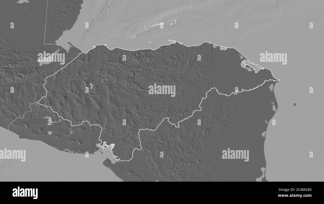 Outlined shape of the Honduras area. Bilevel elevation map with surface ...
