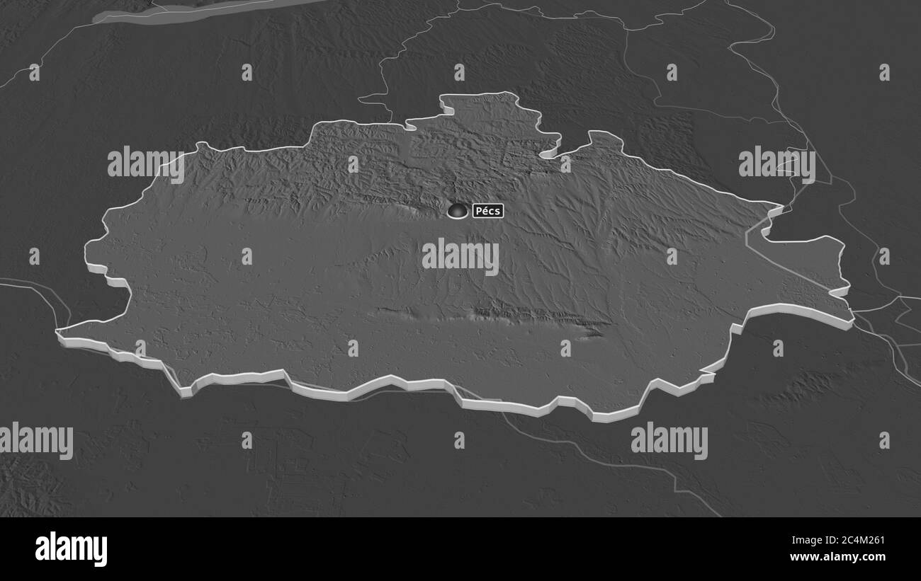 Zoom in on Baranya (county of Hungary) extruded. Oblique perspective ...