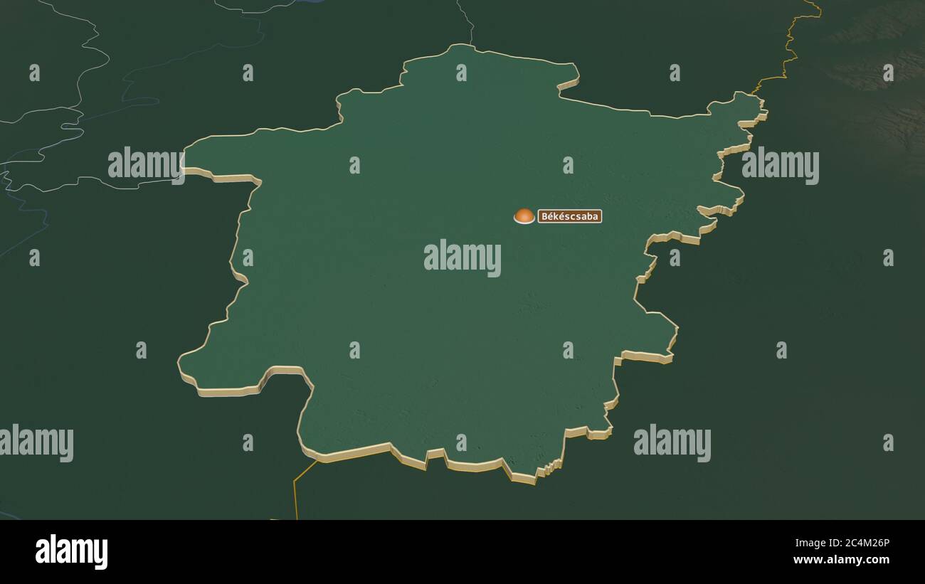Zoom in on Békés (county of Hungary) extruded. Oblique perspective ...