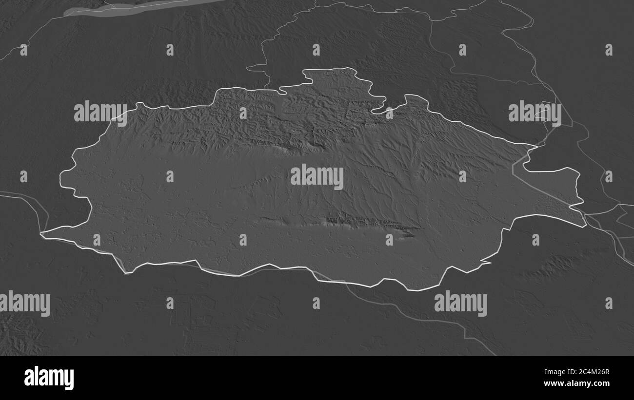 Zoom in on Baranya (county of Hungary) outlined. Oblique perspective ...