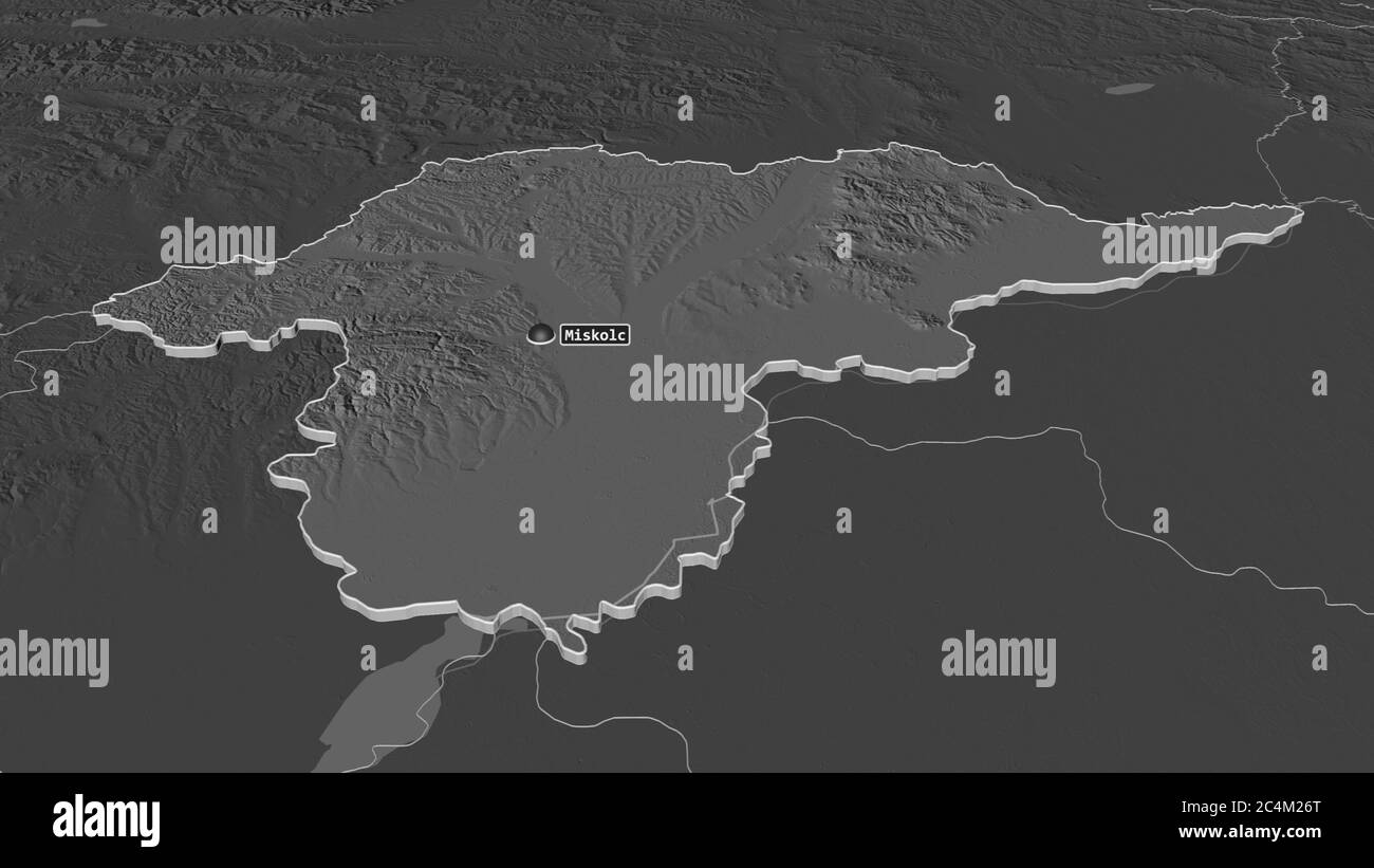 Zoom in on Borsod-Abaúj-Zemplén (county of Hungary) extruded. Oblique ...