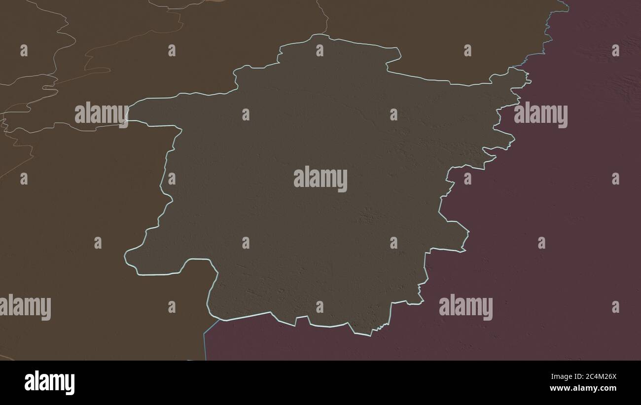 Zoom in on Békés (county of Hungary) outlined. Oblique perspective ...