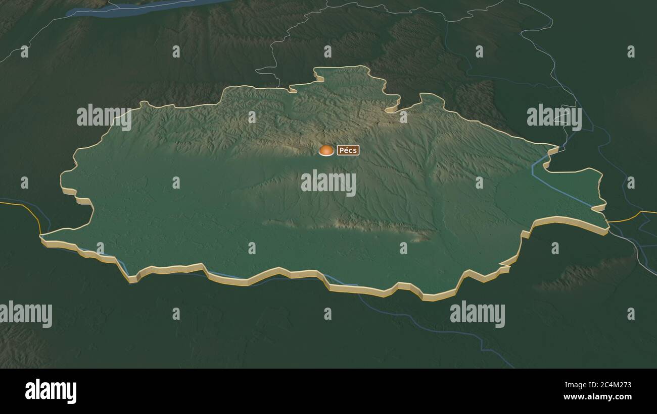 Zoom in on Baranya (county of Hungary) extruded. Oblique perspective ...