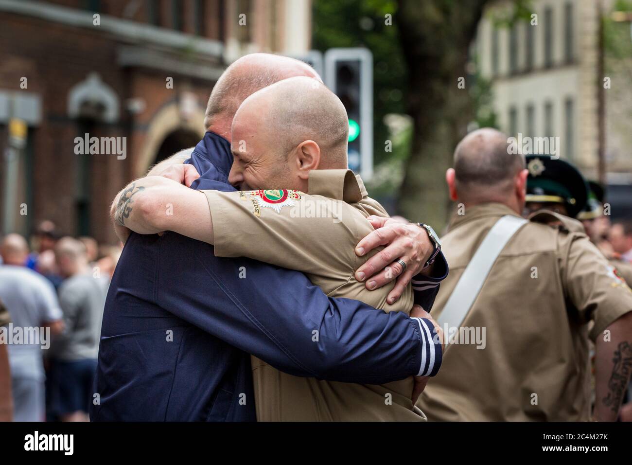 Old friends meet up at the 12th (twelfth) July Parade, Belfast Stock ...
