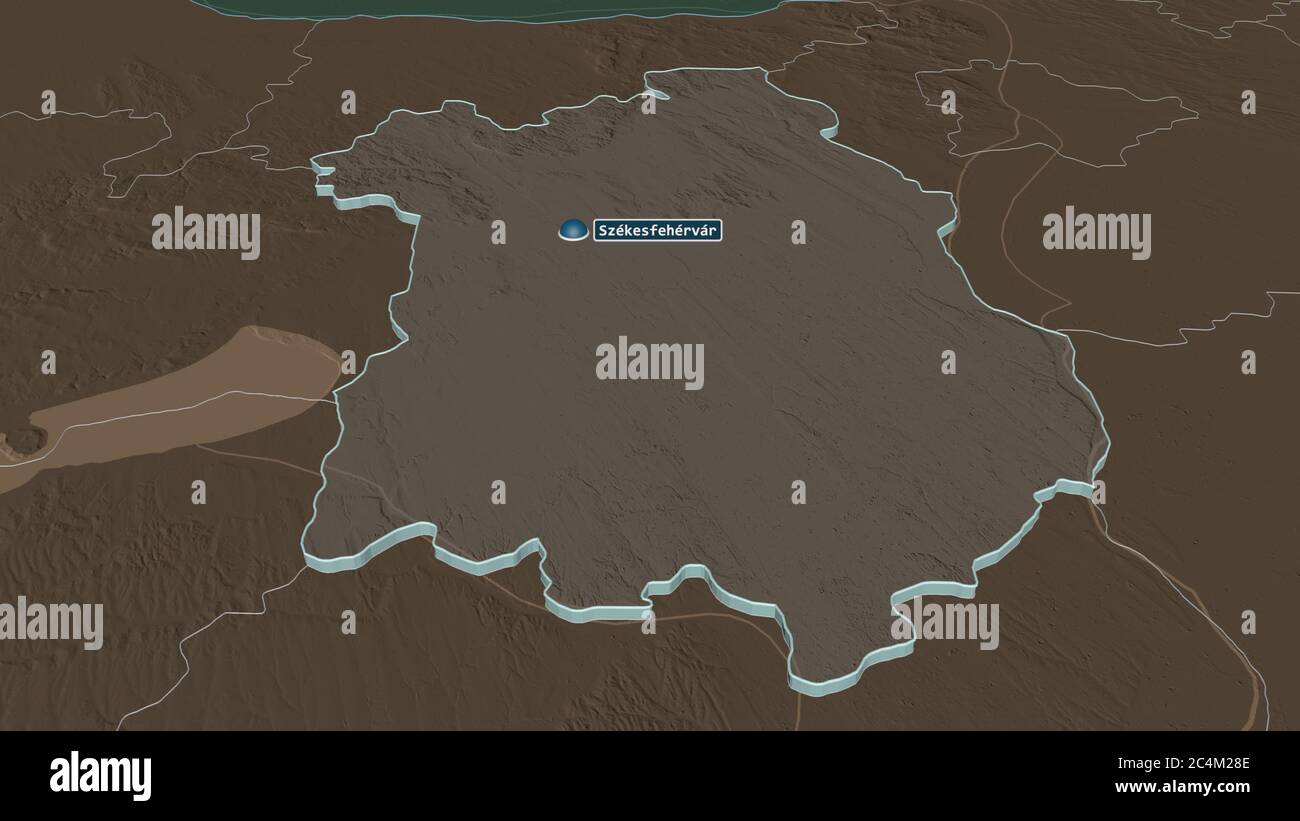 Zoom in on Fejér (county of Hungary) extruded. Oblique perspective ...