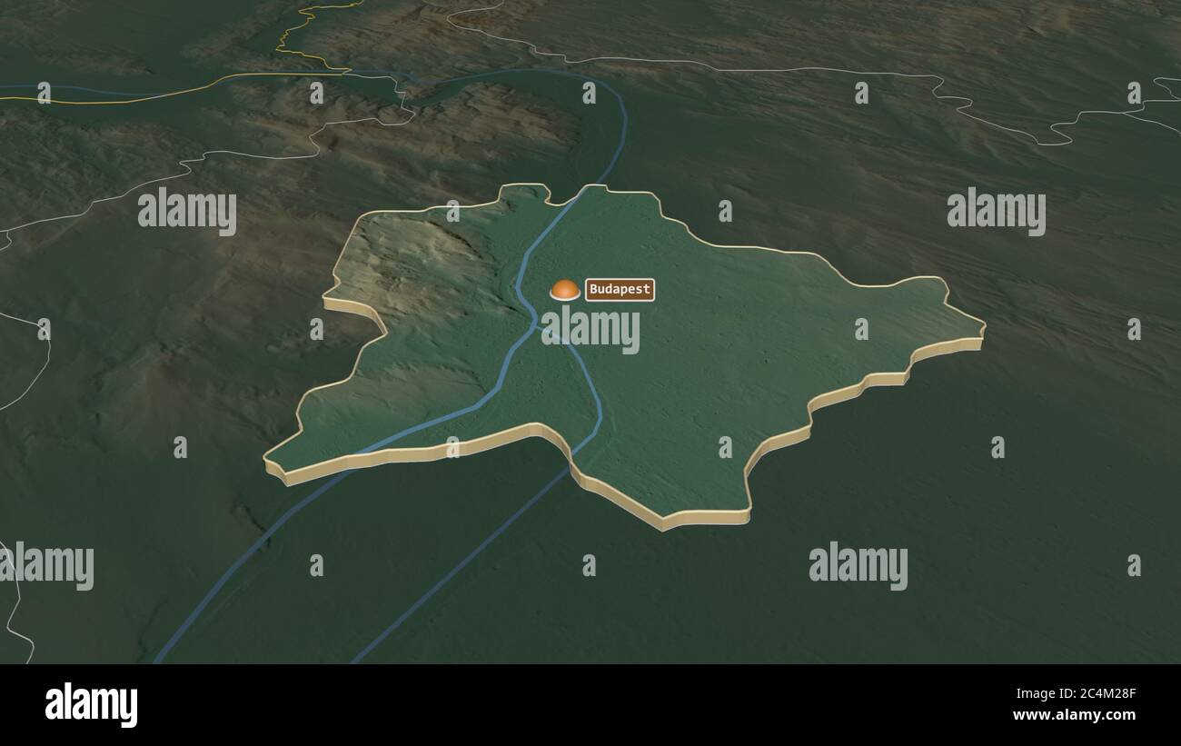 Zoom in on Budapest (capital city of Hungary) extruded. Oblique ...