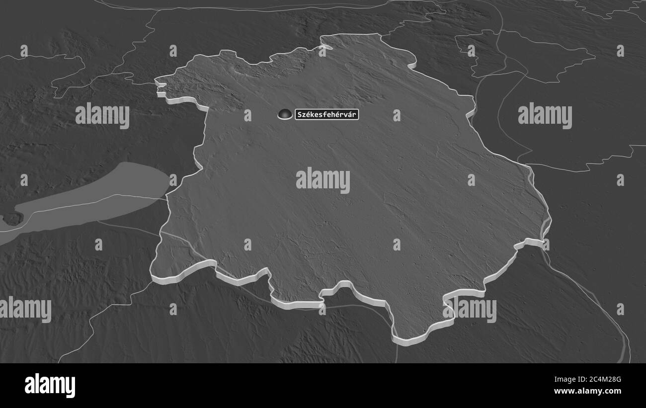 Zoom in on Fejér (county of Hungary) extruded. Oblique perspective ...