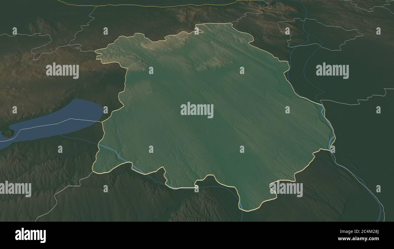 Zoom in on Fejér (county of Hungary) outlined. Oblique perspective ...