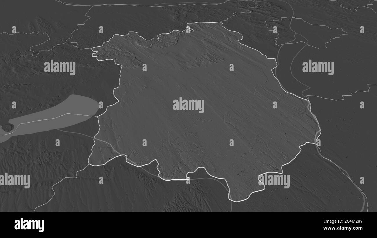 Zoom in on Fejér (county of Hungary) outlined. Oblique perspective ...
