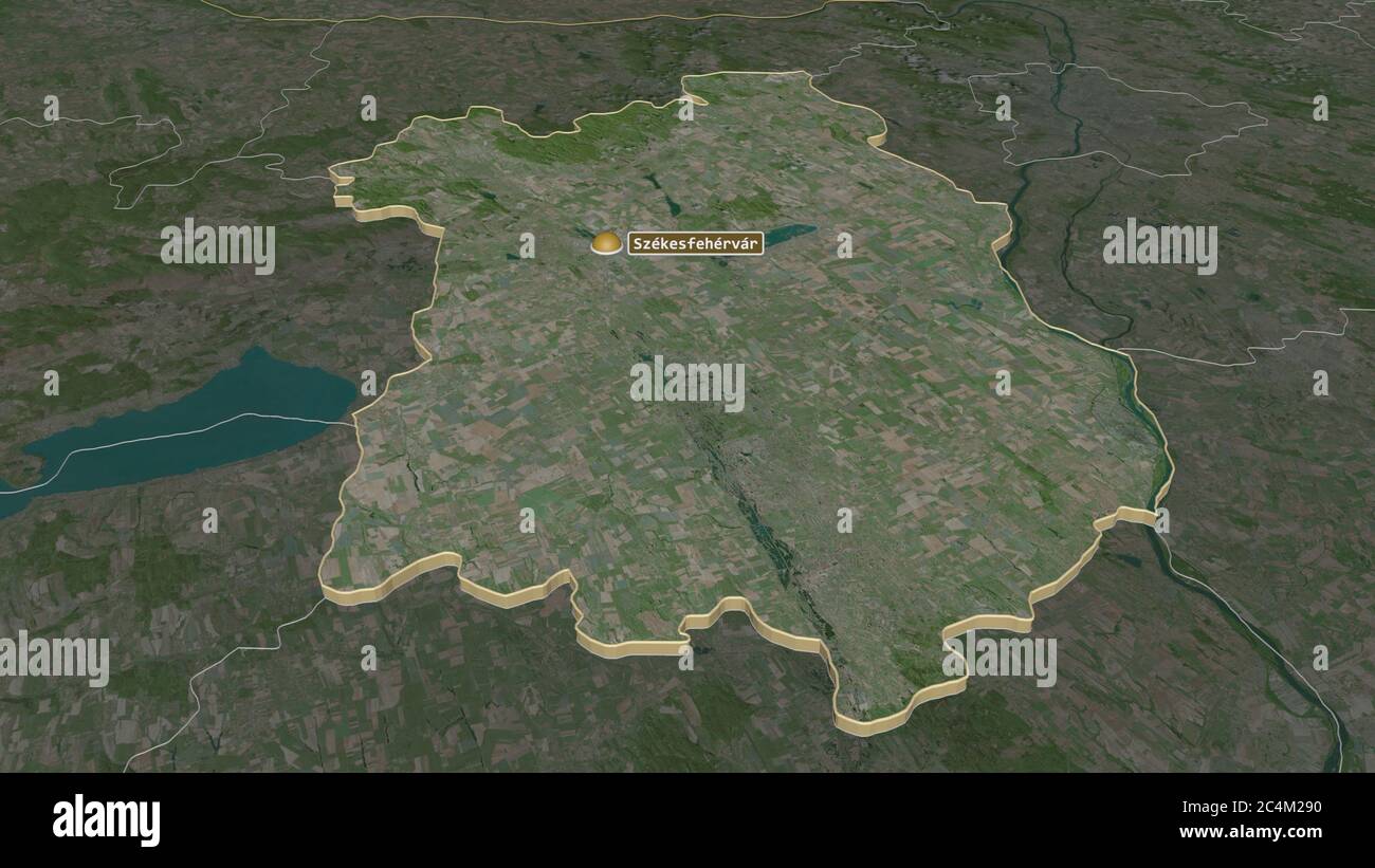 Zoom in on Fejér (county of Hungary) extruded. Oblique perspective ...