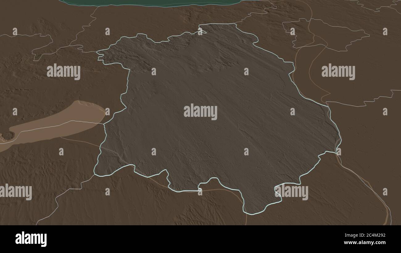 Zoom in on Fejér (county of Hungary) outlined. Oblique perspective ...