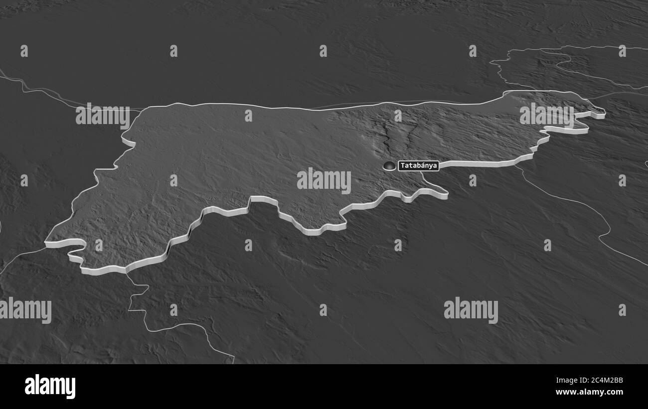 Zoom in on Komárom-Esztergom (county of Hungary) extruded. Oblique ...
