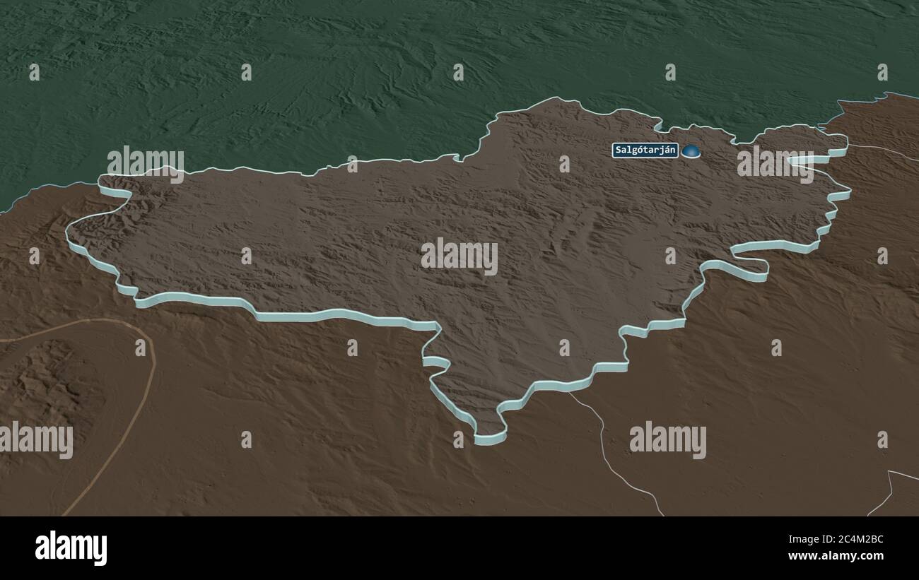 Zoom in on Nógrád (county of Hungary) extruded. Oblique perspective ...