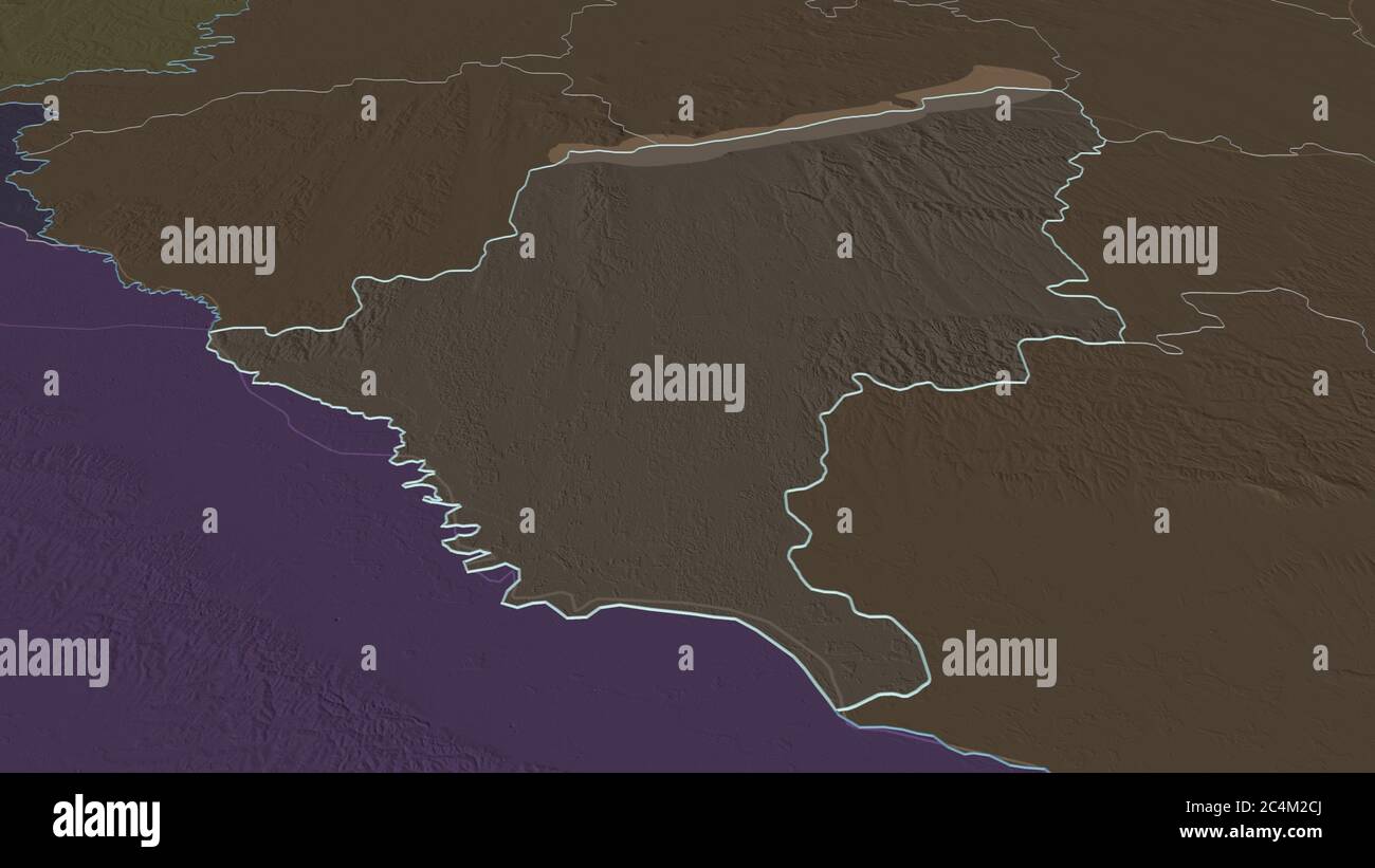 Zoom in on Somogy (county of Hungary) outlined. Oblique perspective ...