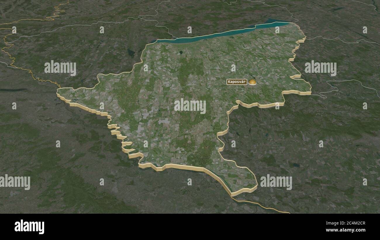 Zoom in on Somogy (county of Hungary) extruded. Oblique perspective ...