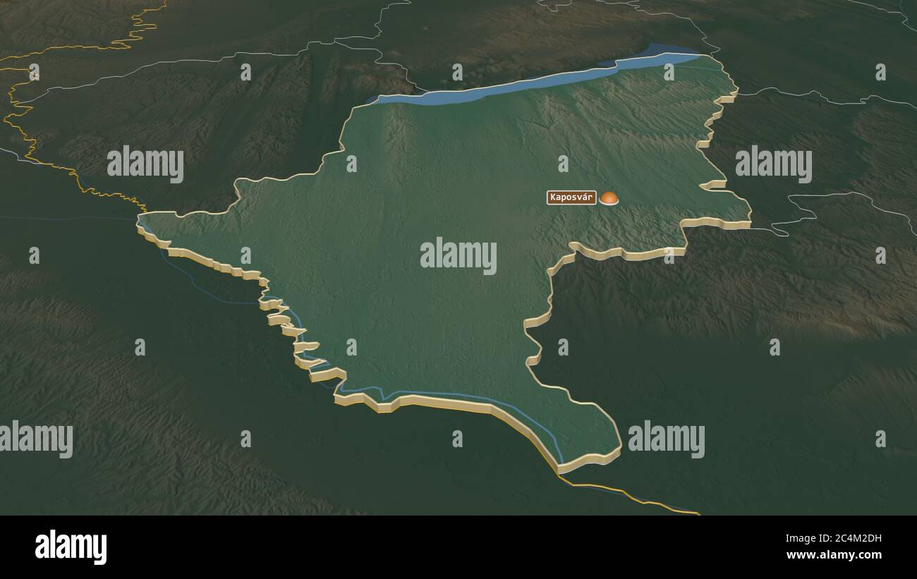 Zoom in on Somogy (county of Hungary) extruded. Oblique perspective ...